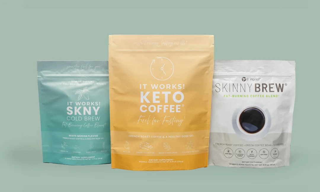 A group of bags of IT WORKS! coffee and cold brew