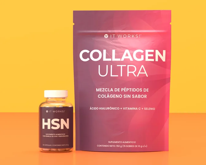 A bottle of IT WORKS! HSN and a bag of Collagen Ultra against an orange ...