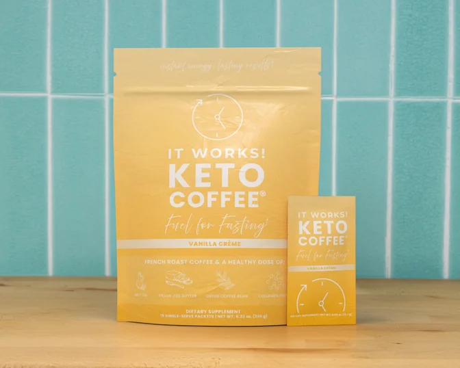 A bag of IT WORKS! Keto Coffee® – Vanilla Crème against a blue tile ...