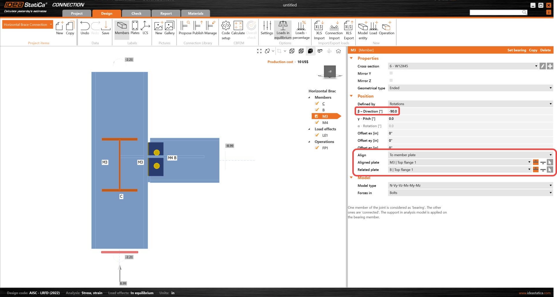 Horizontal beam-column-brace gusset (AISC) | IDEA StatiCa