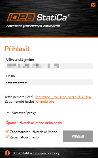 Chybová hláška – Špatné uživatelské jméno nebo heslo | IDEA StatiCa