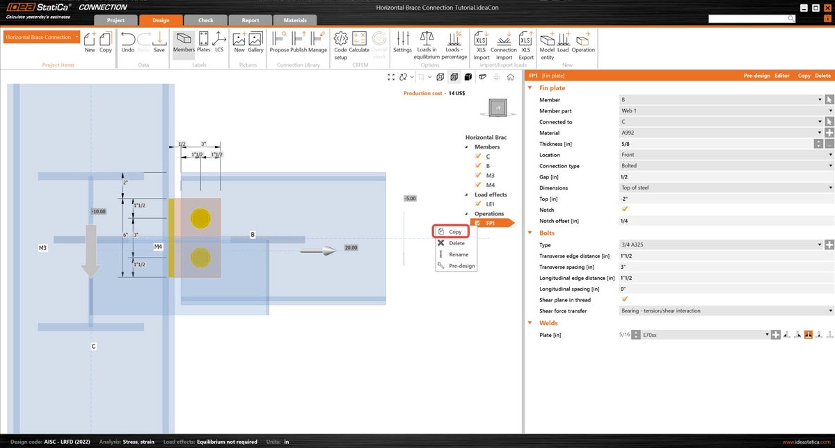 Horizontal beam-column-brace gusset (AISC) | IDEA StatiCa