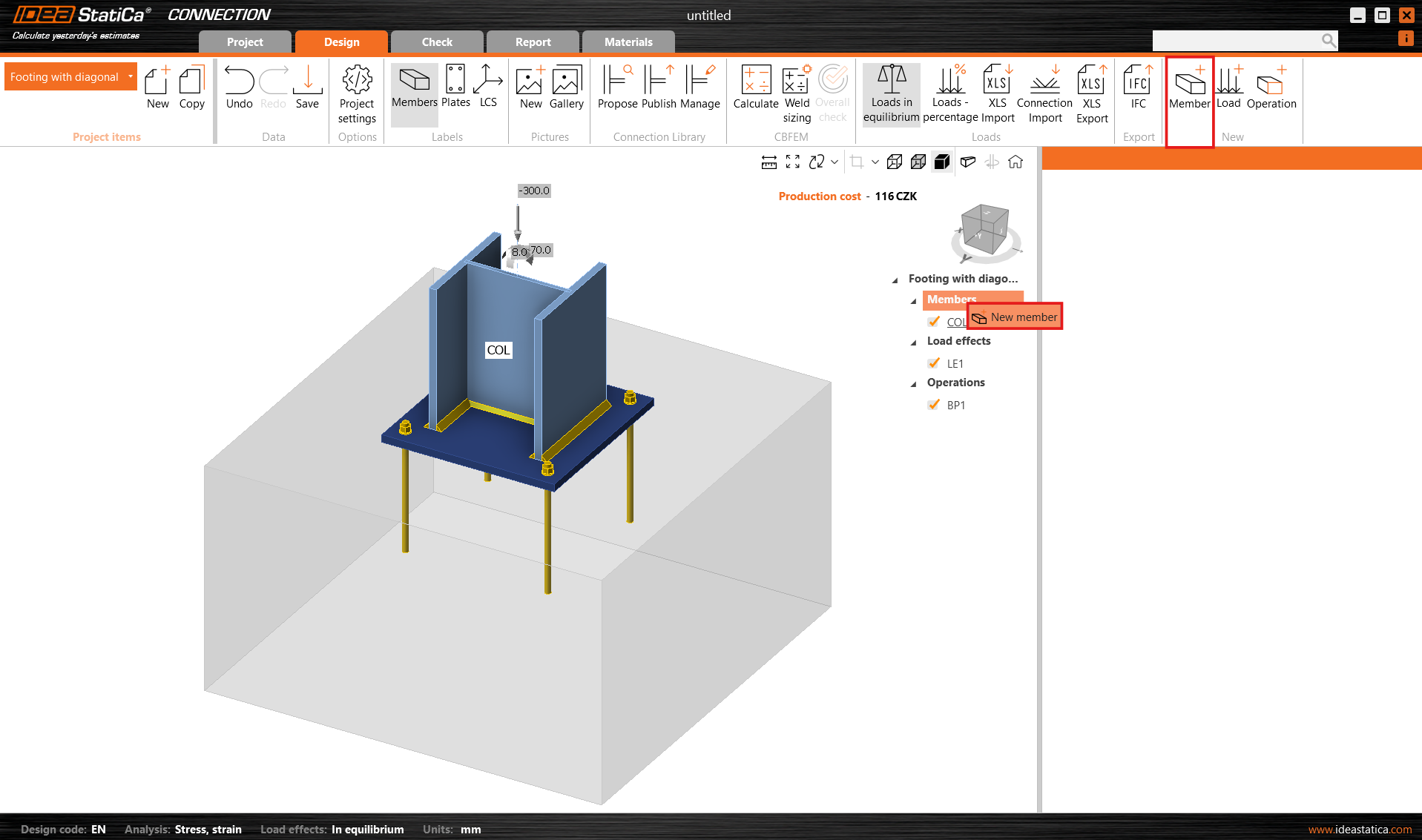 Structural design of footing with diagonal (EN) | IDEA StatiCa