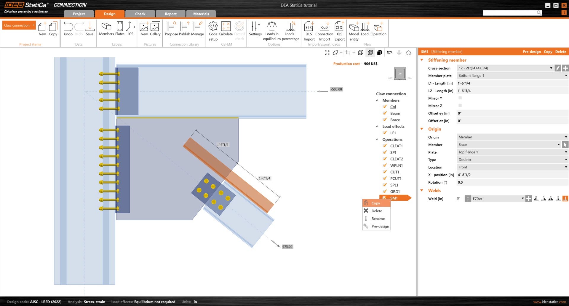 Claw angle on WF bracing connection (AISC) | IDEA StatiCa