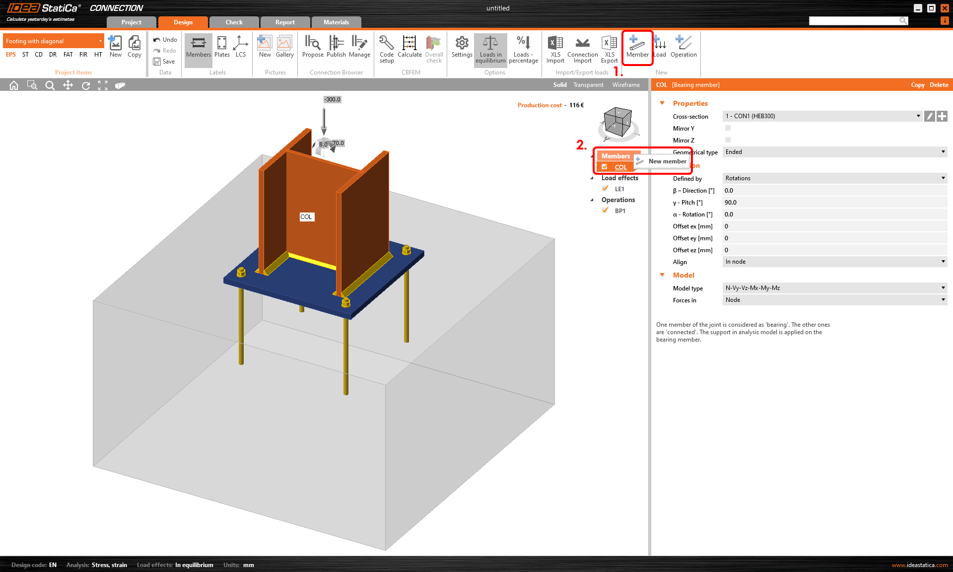 Structural design of footing with diagonal (EN) | IDEA StatiCa