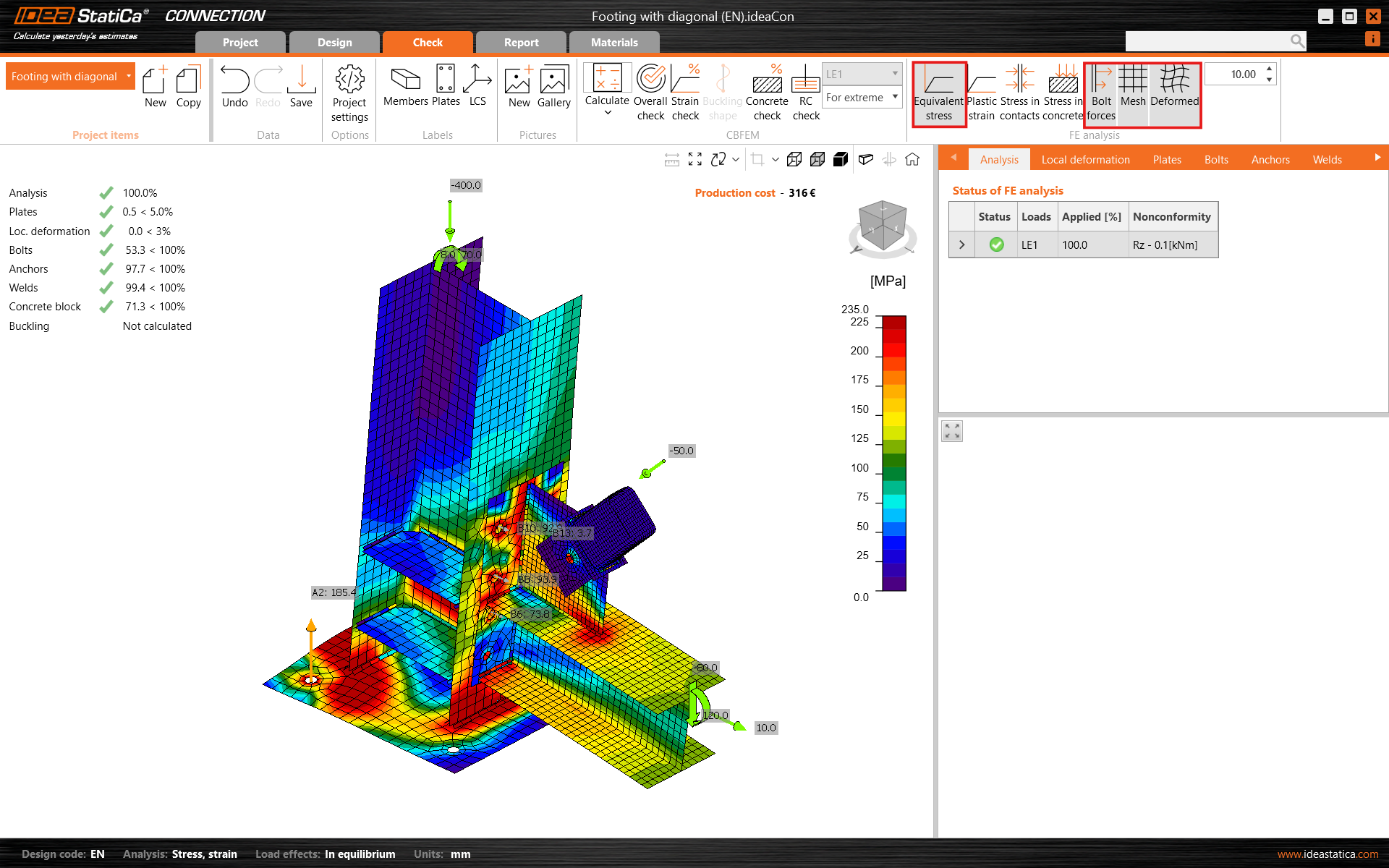 Structural design of footing with diagonal (EN) | IDEA StatiCa