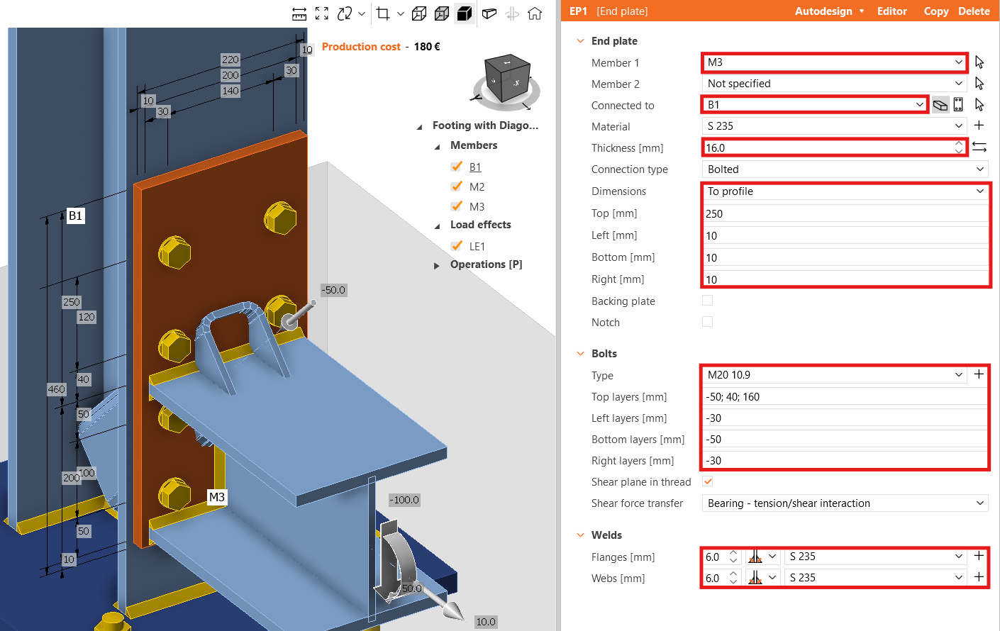 Structural design of footing with diagonal (EN) | IDEA StatiCa