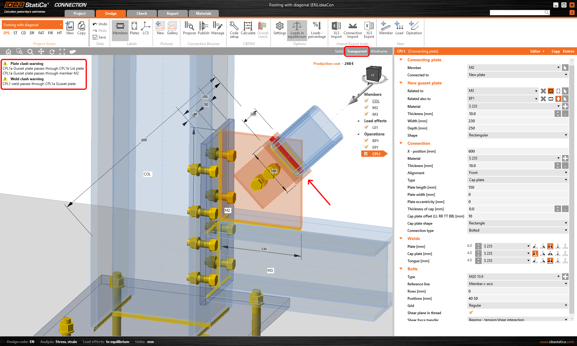 Structural design of footing with diagonal (EN) | IDEA StatiCa