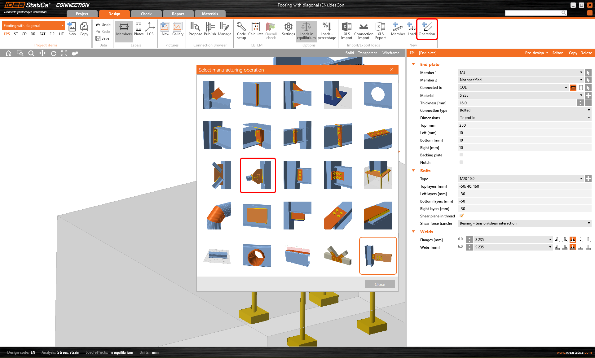 Structural design of footing with diagonal (EN) | IDEA StatiCa