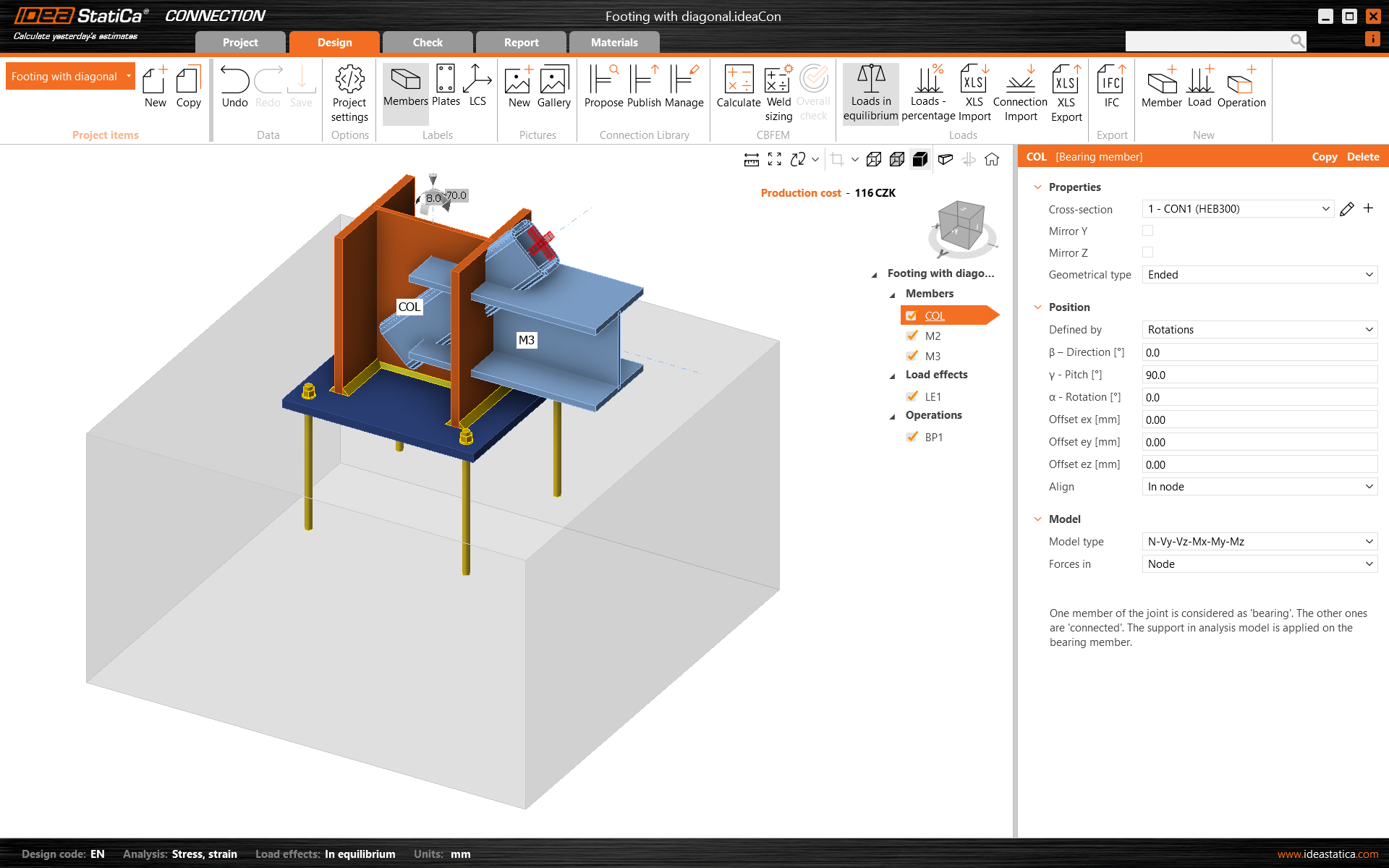 Structural design of footing with diagonal (EN) | IDEA StatiCa