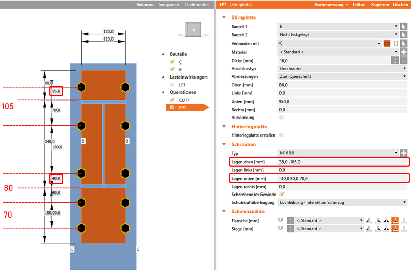 Asymmetrische Positionierung von Schrauben auf Stirnplatten | IDEA StatiCa