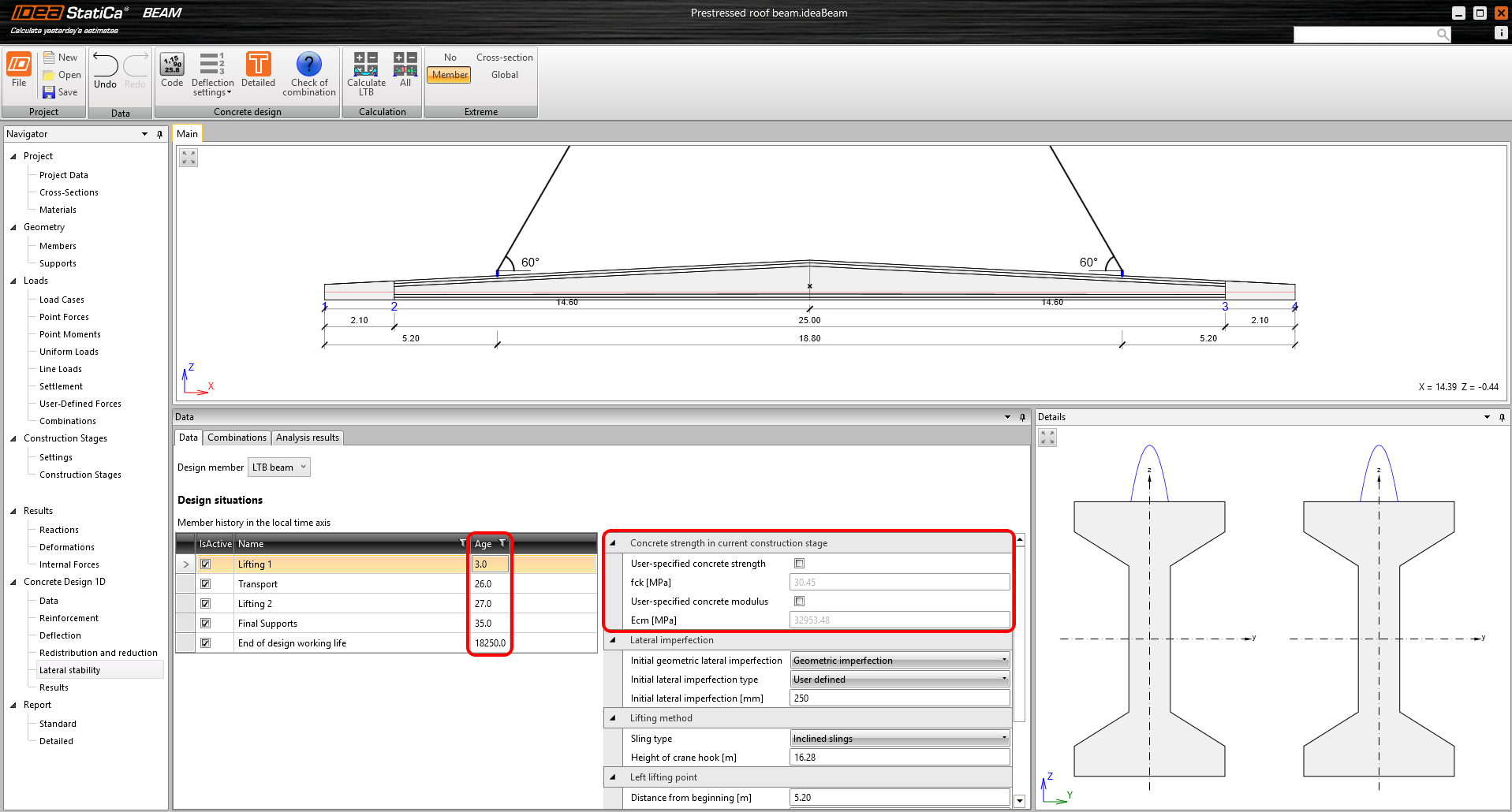 Lateral stability for concrete beams – all inputs and outputs, analysis ...