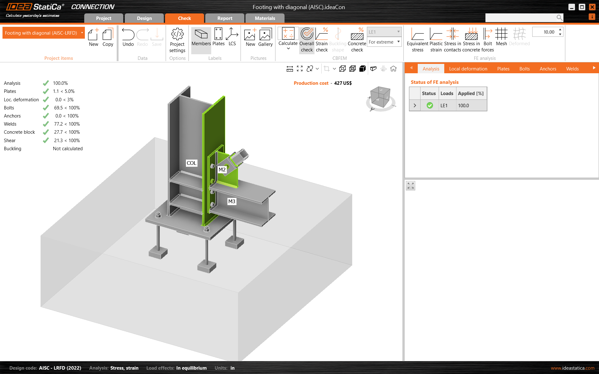 Structural design of footing with diagonal (AISC) | IDEA StatiCa