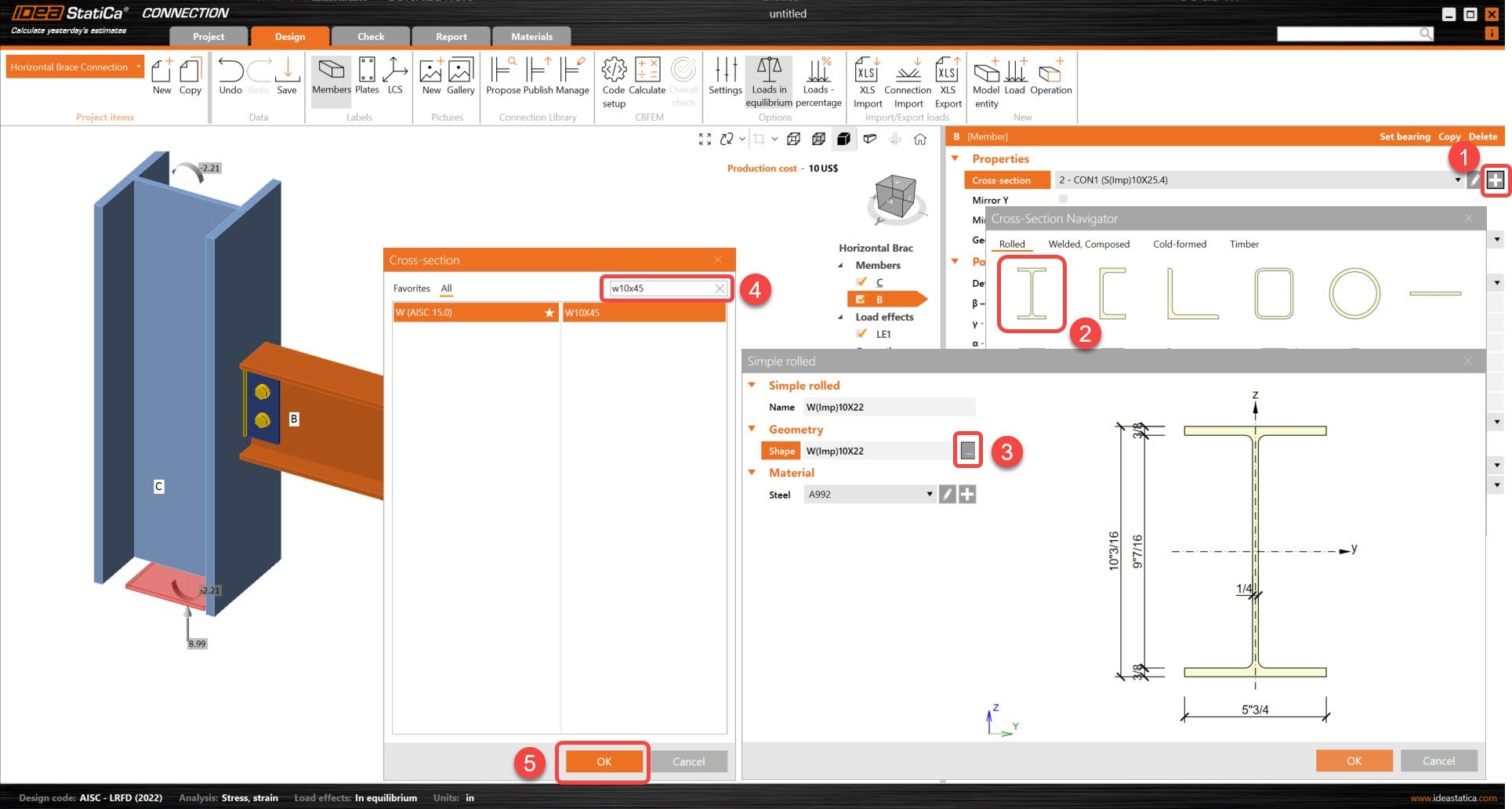 Horizontal beam-column-brace gusset (AISC) | IDEA StatiCa