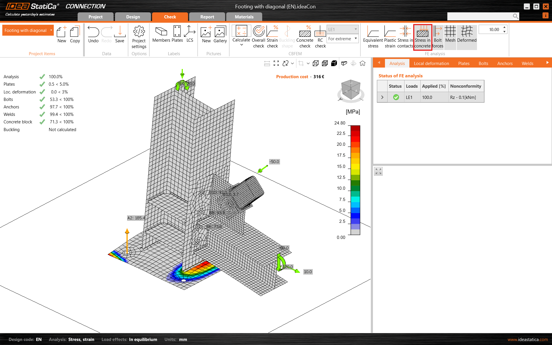 Structural design of footing with diagonal (EN) | IDEA StatiCa