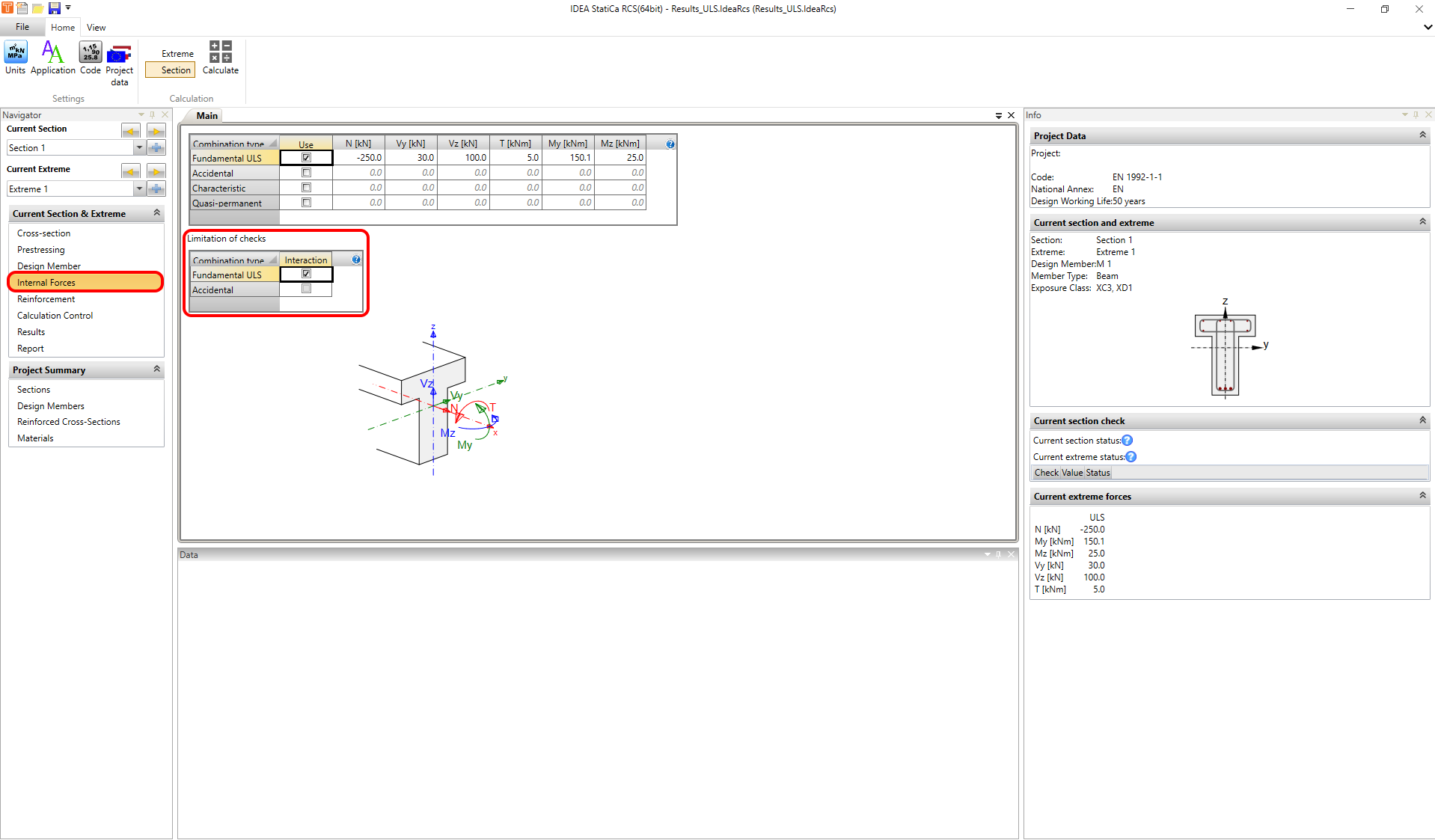 ULS results in RCS - Capacity N-M-M, Shear, Torsion, Interaction ...