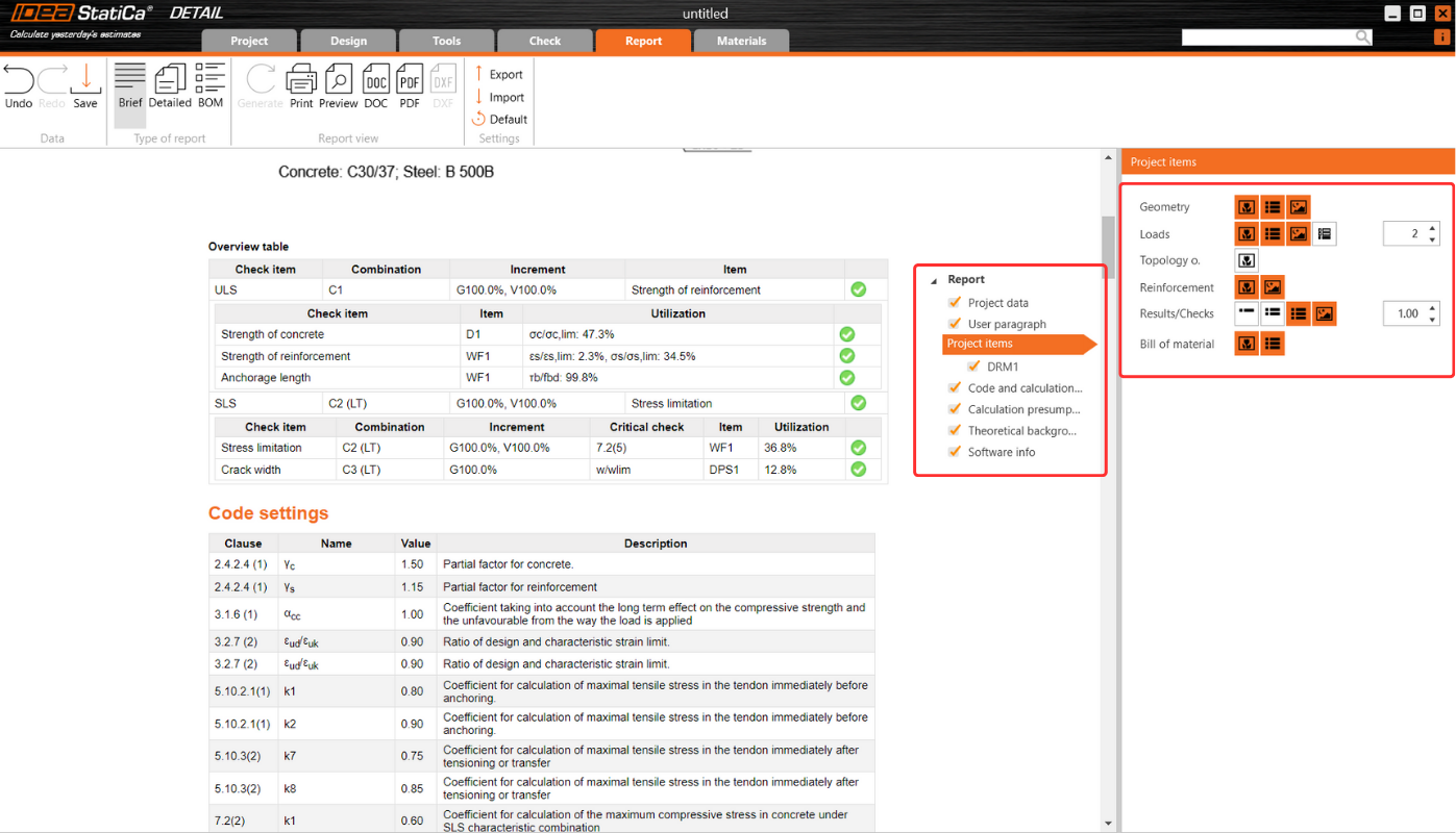 Customizable report tab in Detail | IDEA StatiCa