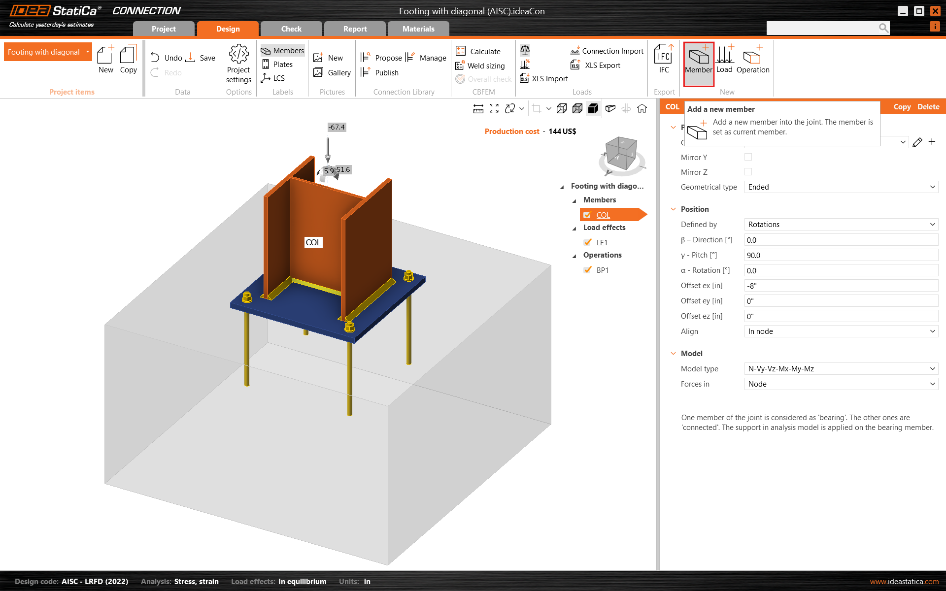 Structural design of footing with diagonal (AISC) | IDEA StatiCa