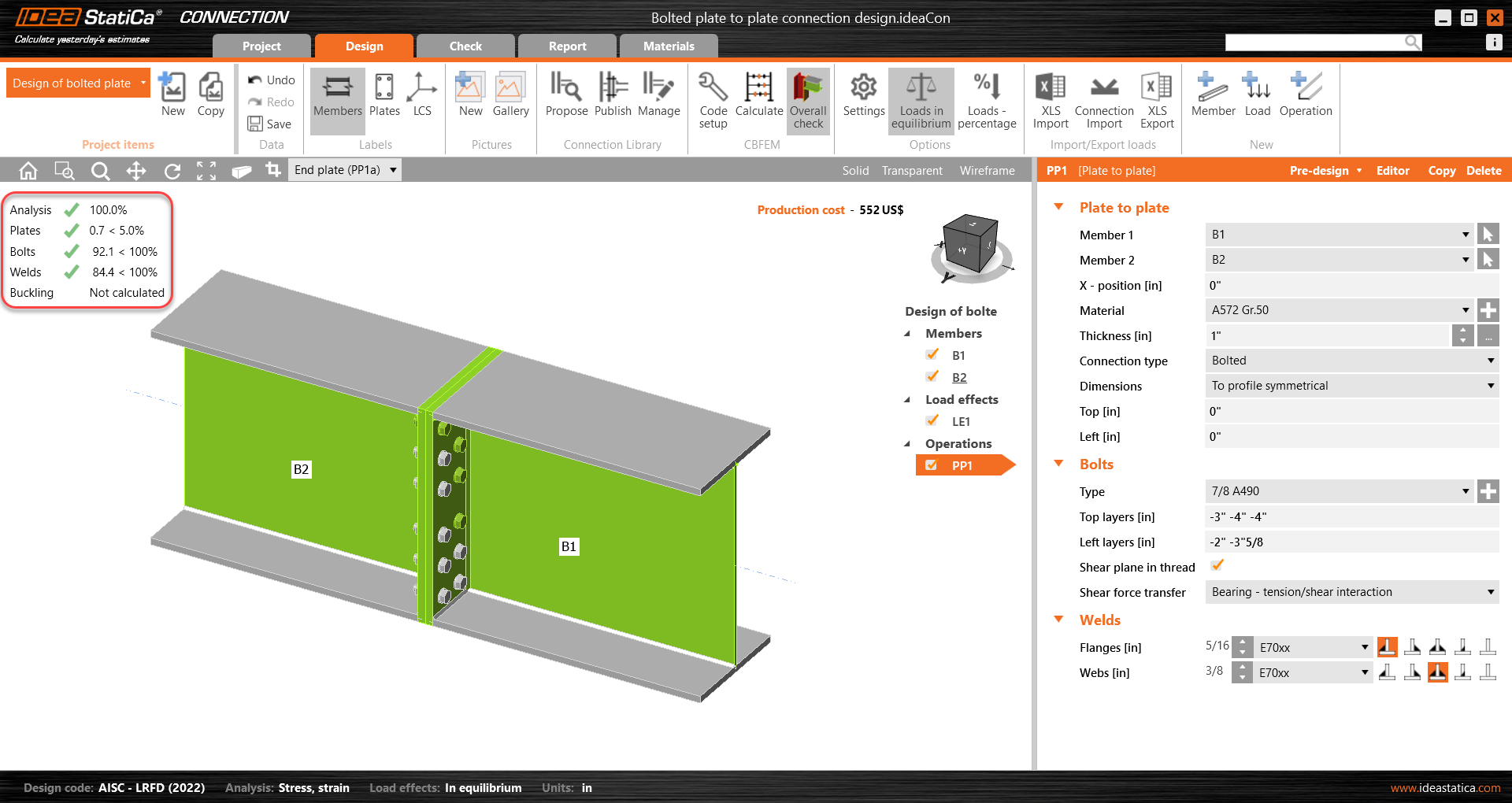 Bolted plate to plate connection design (AISC) | IDEA StatiCa