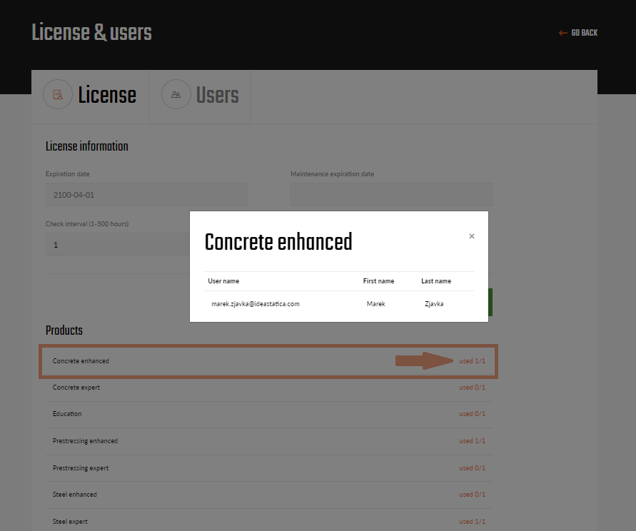 Who is using the license? | IDEA StatiCa