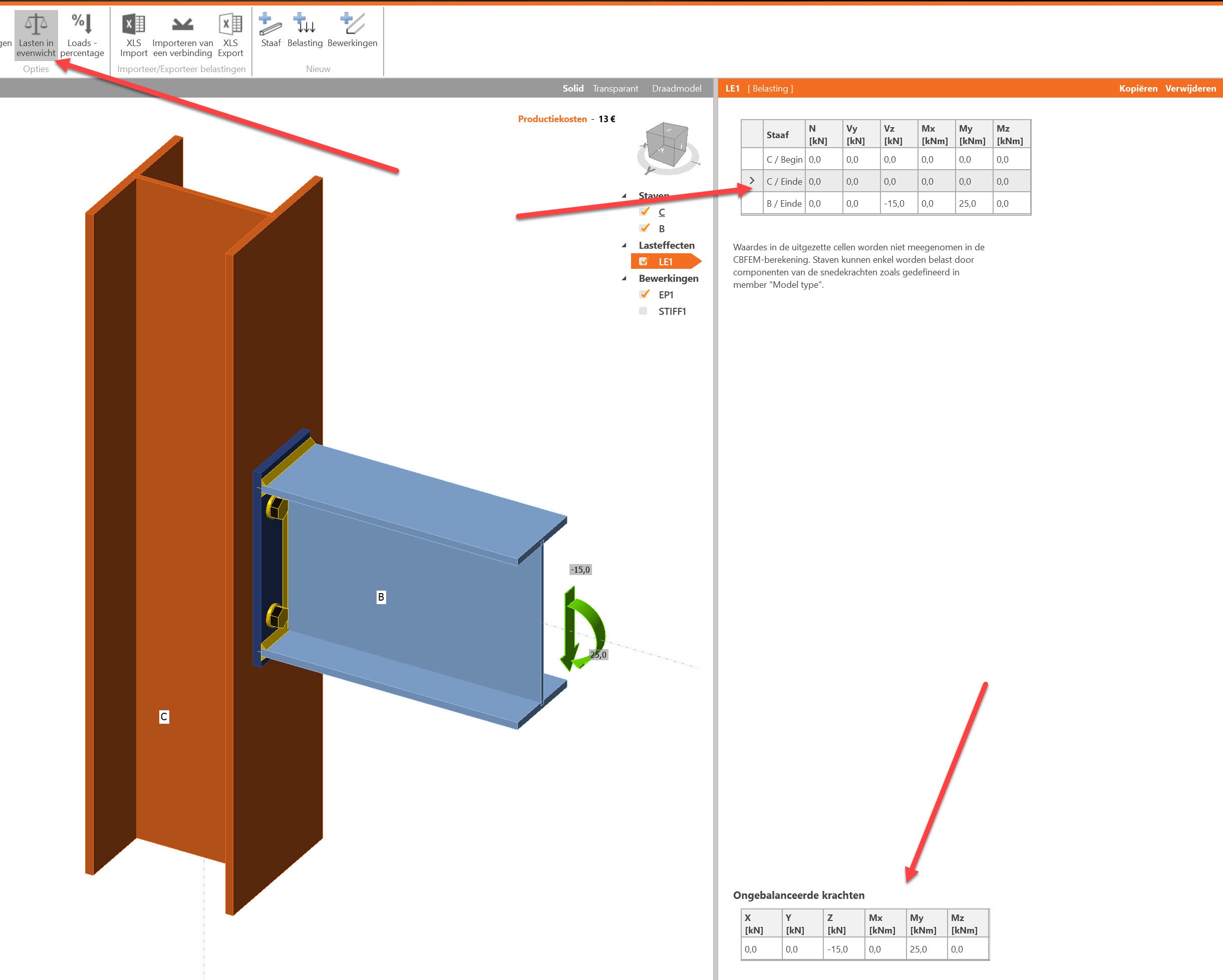 Krachten en momenten op een kolom-ligger verbinding | IDEA StatiCa