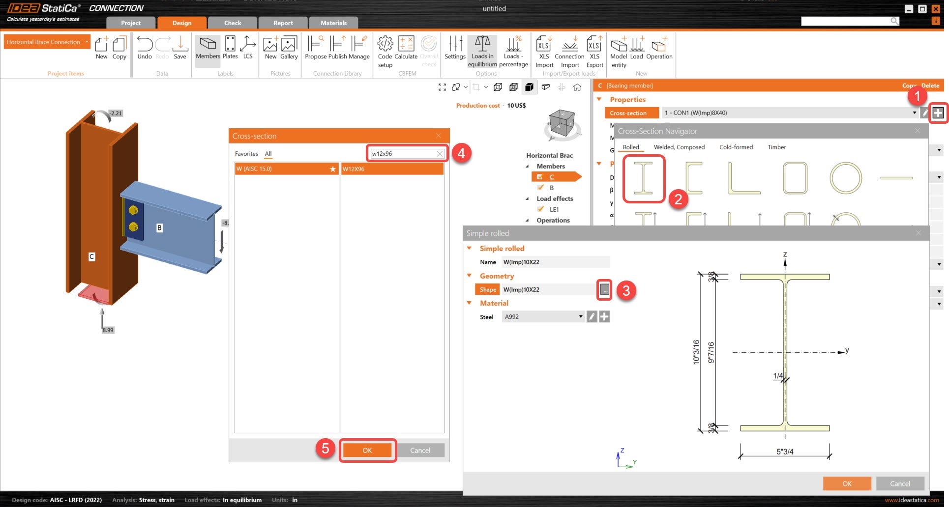 Horizontal beam-column-brace gusset (AISC) | IDEA StatiCa