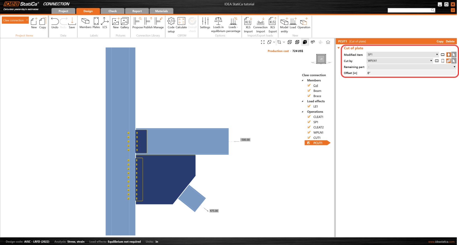 Claw angle on WF bracing connection (AISC) | IDEA StatiCa