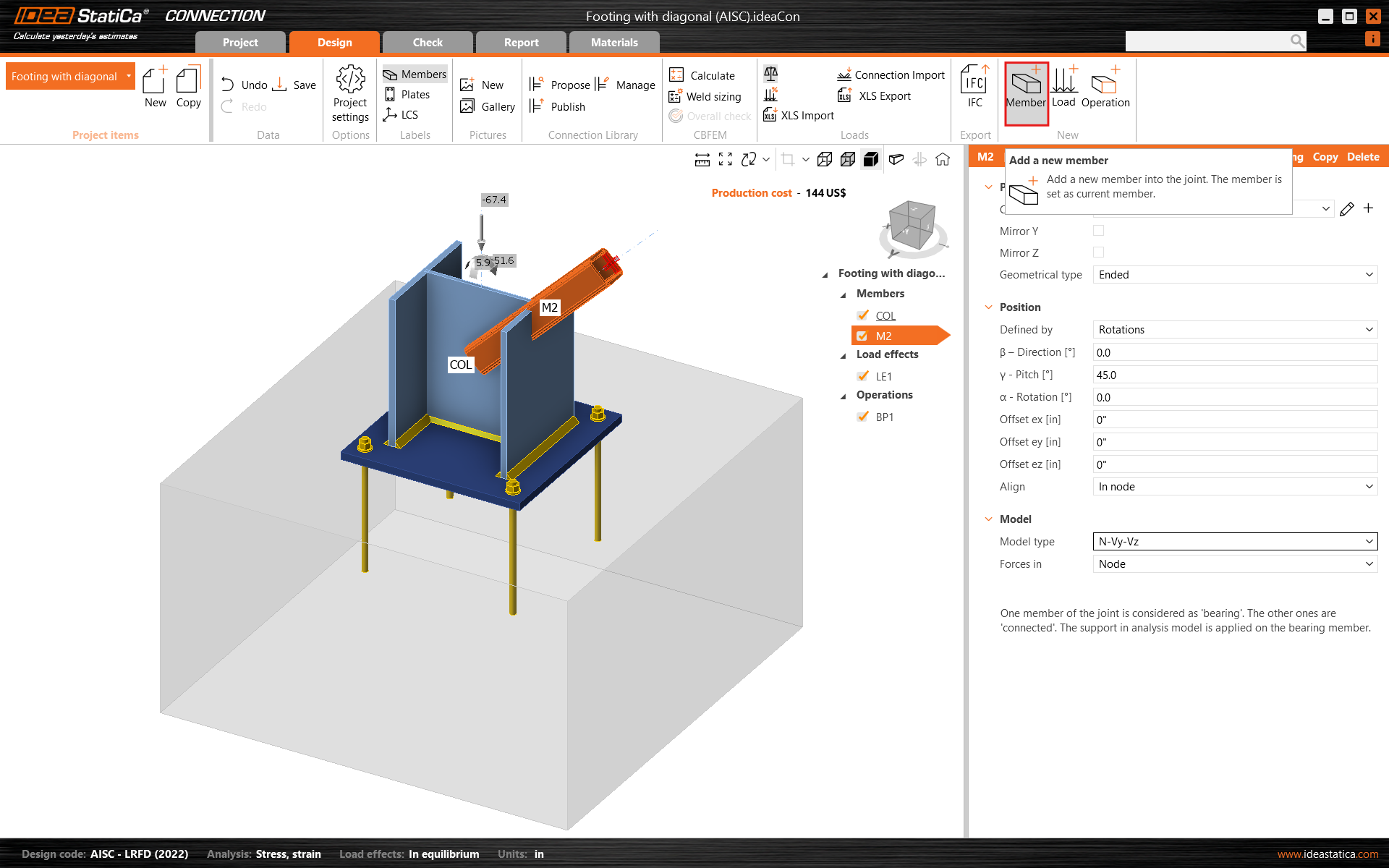 Structural design of footing with diagonal (AISC) | IDEA StatiCa