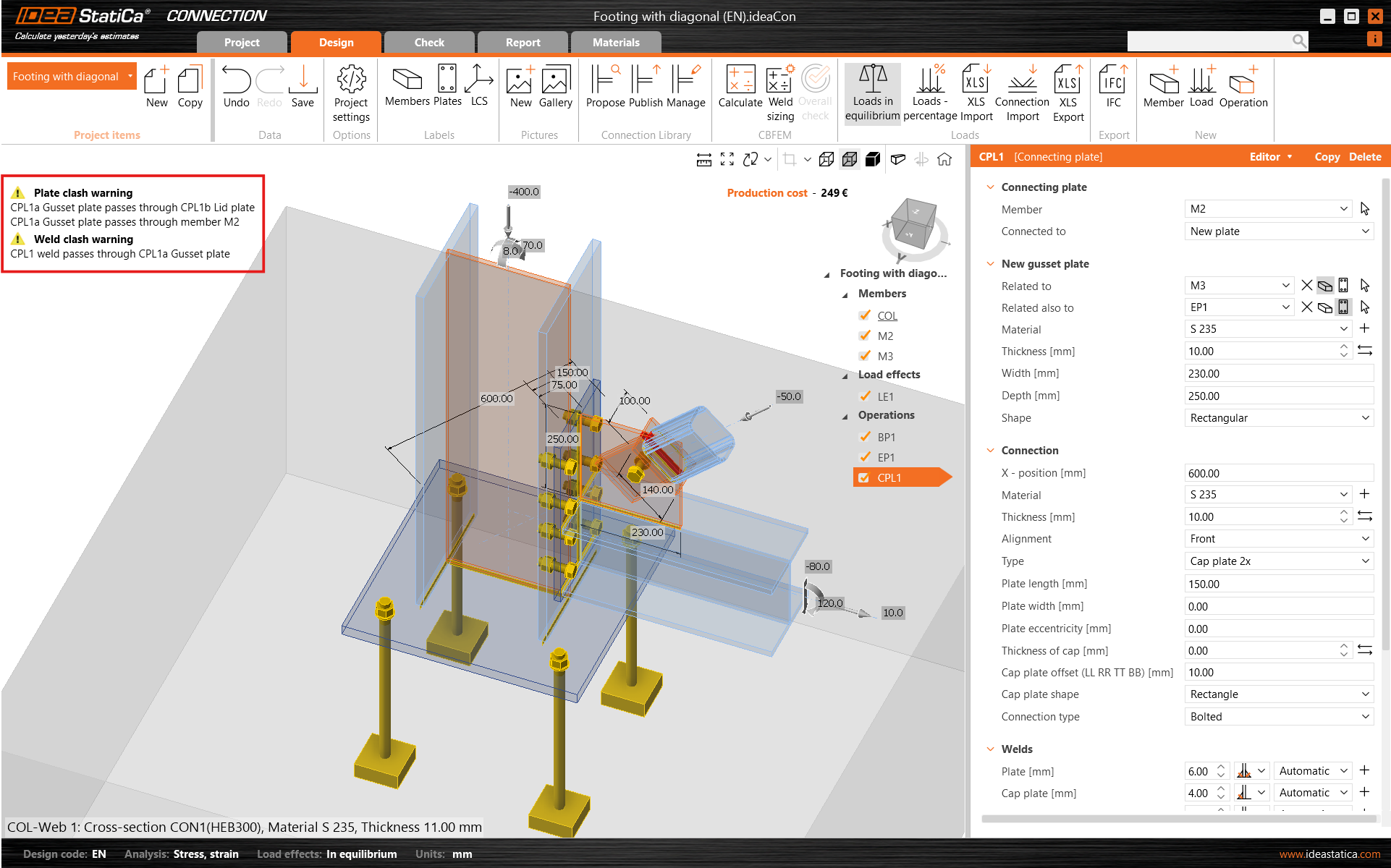 Structural design of footing with diagonal (EN) | IDEA StatiCa