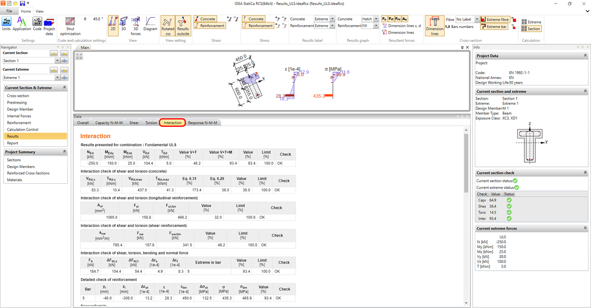 ULS results in RCS - Capacity N-M-M, Shear, Torsion, Interaction ...
