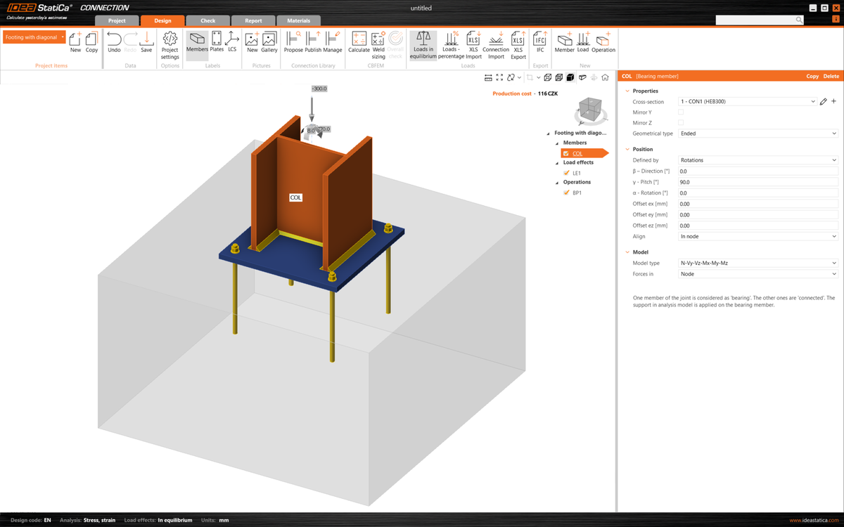 Structural design of footing with diagonal (EN) | IDEA StatiCa