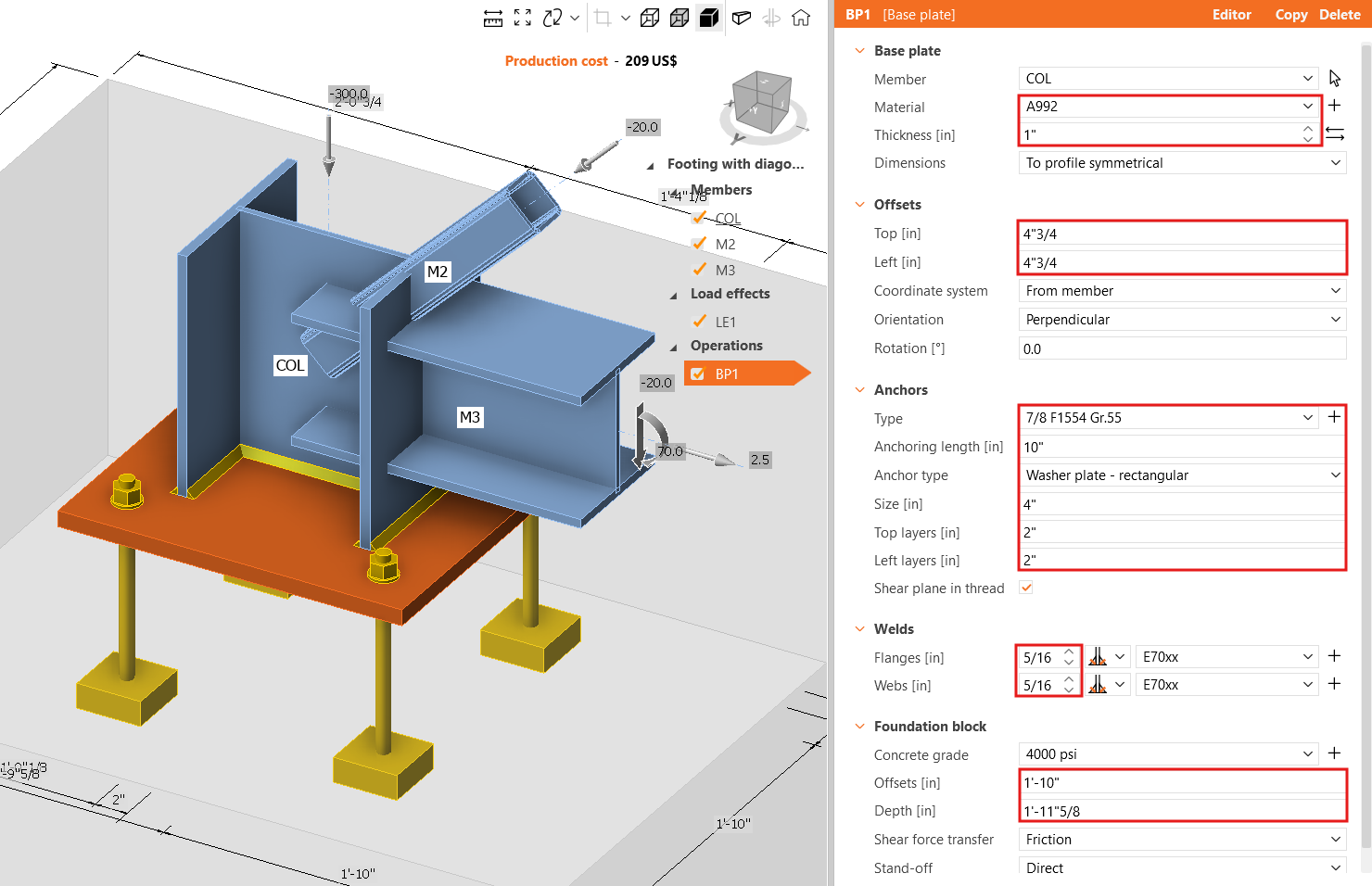 Structural design of footing with diagonal (AISC) | IDEA StatiCa
