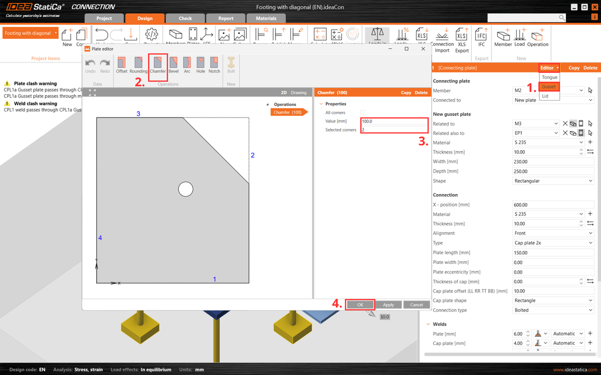 Structural design of footing with diagonal (EN) | IDEA StatiCa