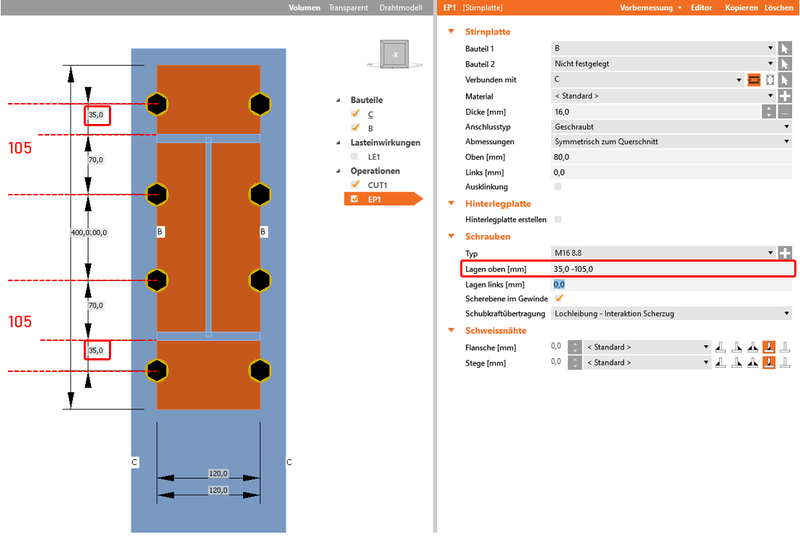 Symmetrische Positionierung von Schrauben auf Stirnplatten | IDEA StatiCa