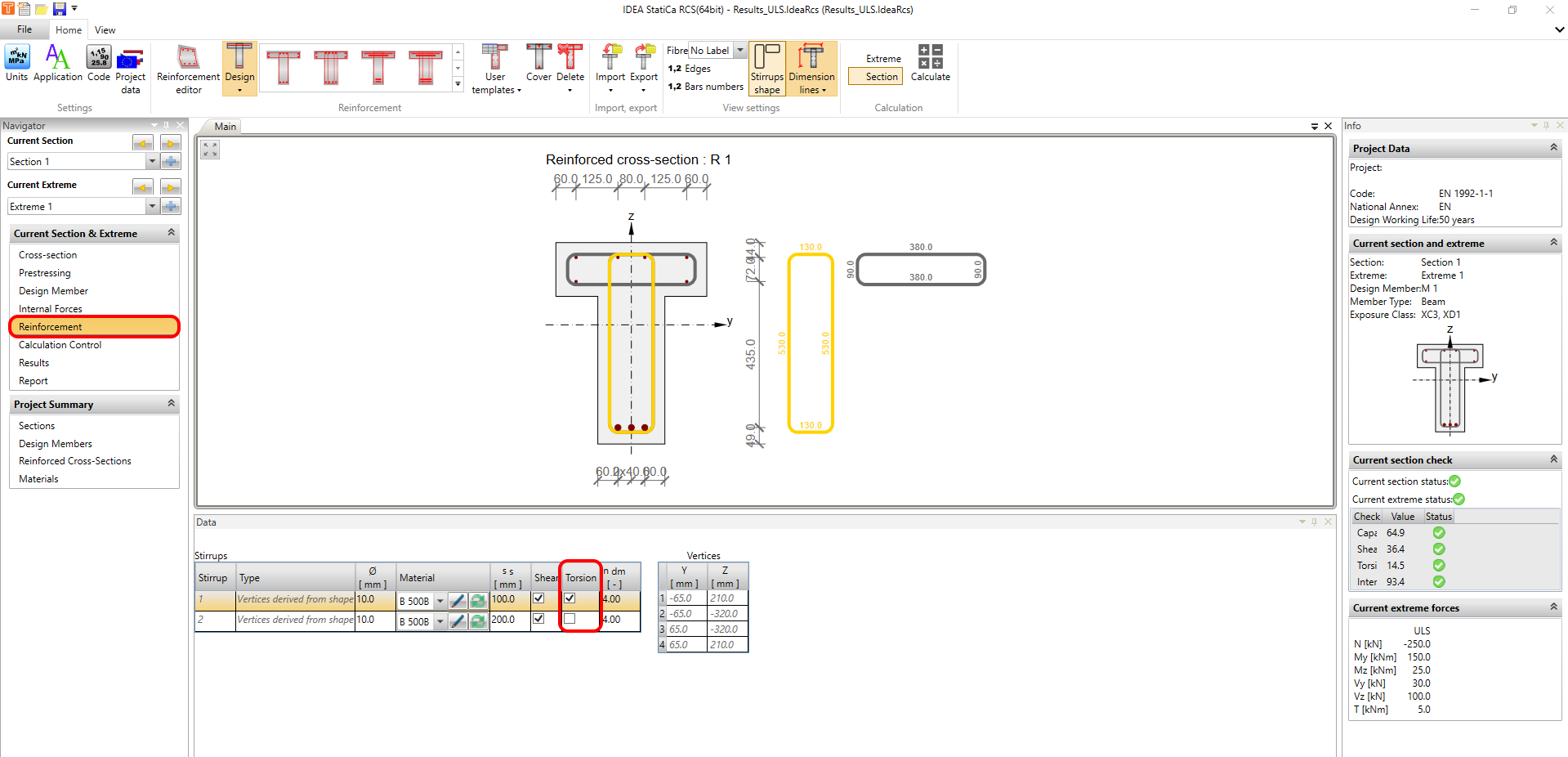 ULS results in RCS - Capacity N-M-M, Shear, Torsion, Interaction ...