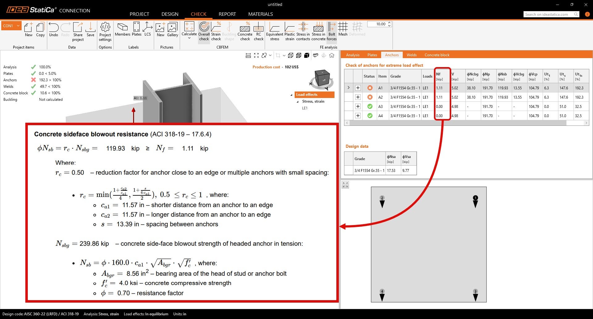 Complete code-check of anchors and concrete block in Detail 3D (ACI ...