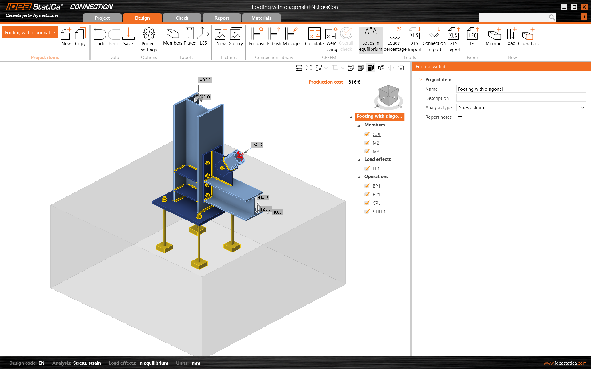 Structural design of footing with diagonal (EN) | IDEA StatiCa