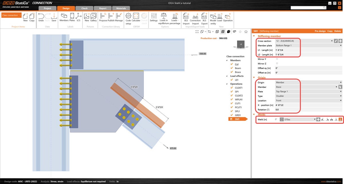 Claw angle on WF bracing connection (AISC) | IDEA StatiCa