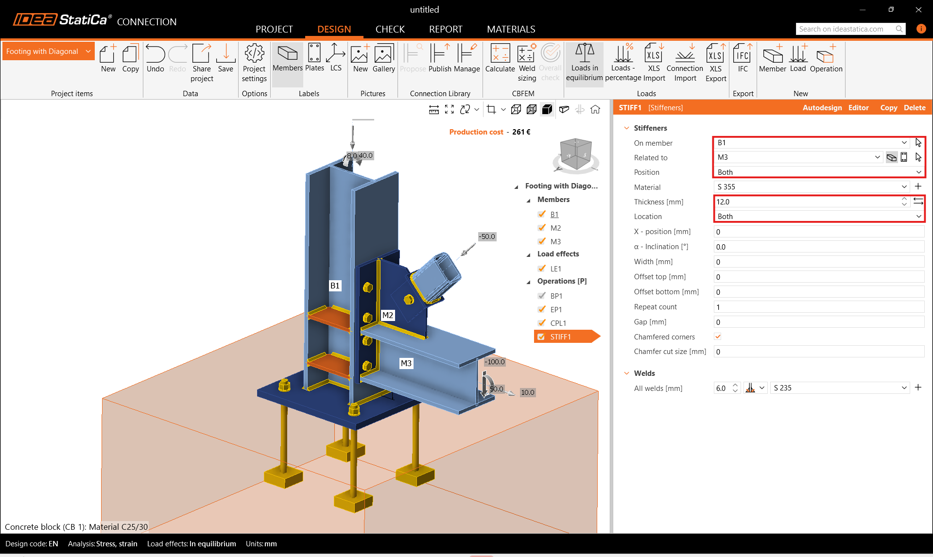Structural design of footing with diagonal (EN) | IDEA StatiCa
