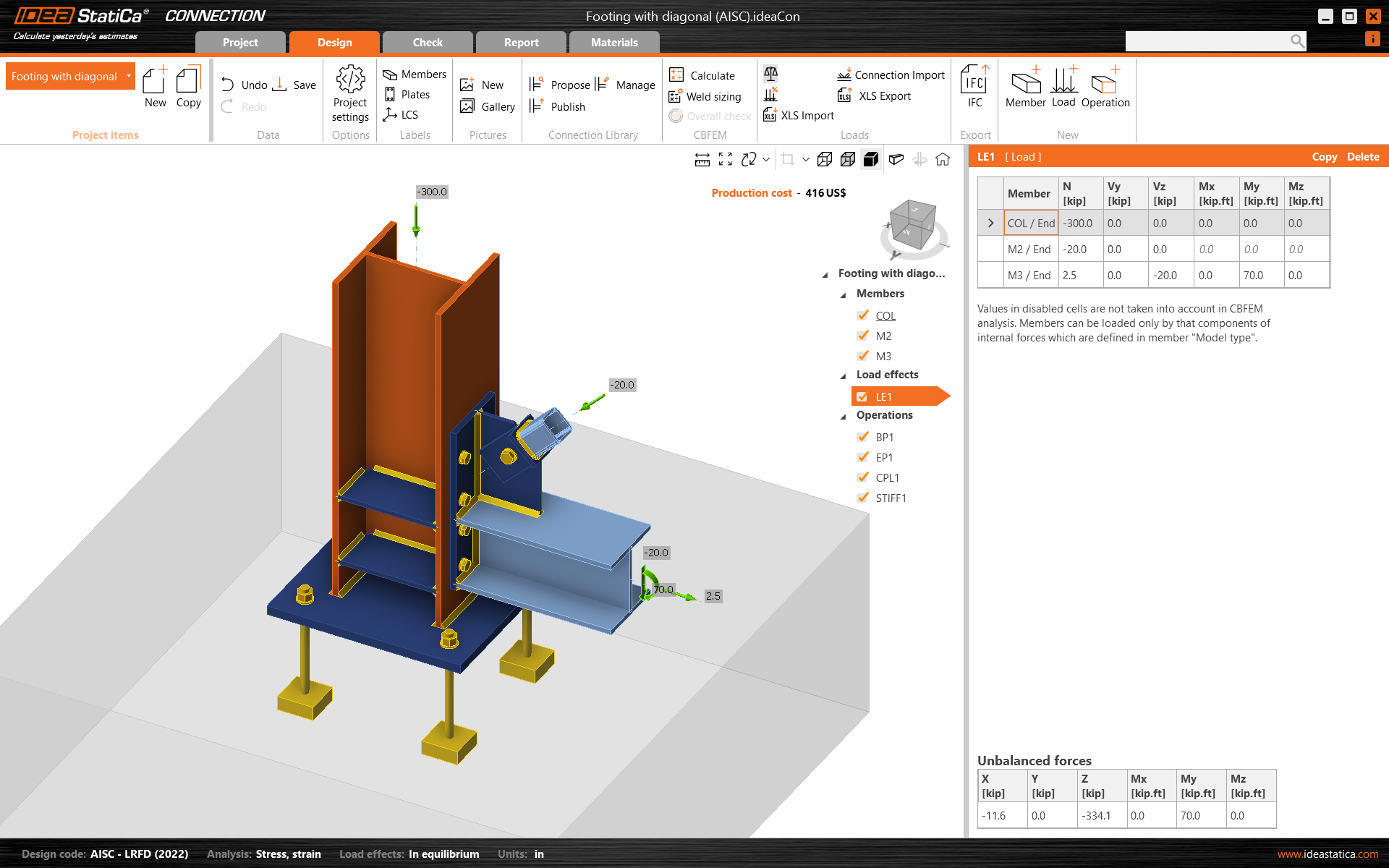 Structural design of footing with diagonal (AISC) | IDEA StatiCa