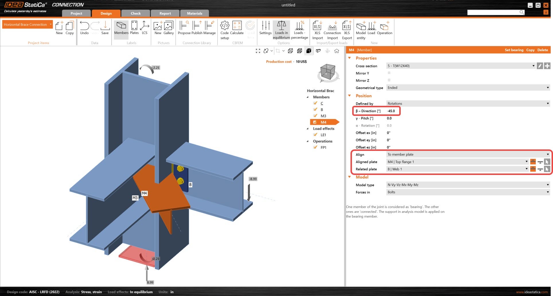 Horizontal beam-column-brace gusset (AISC) | IDEA StatiCa