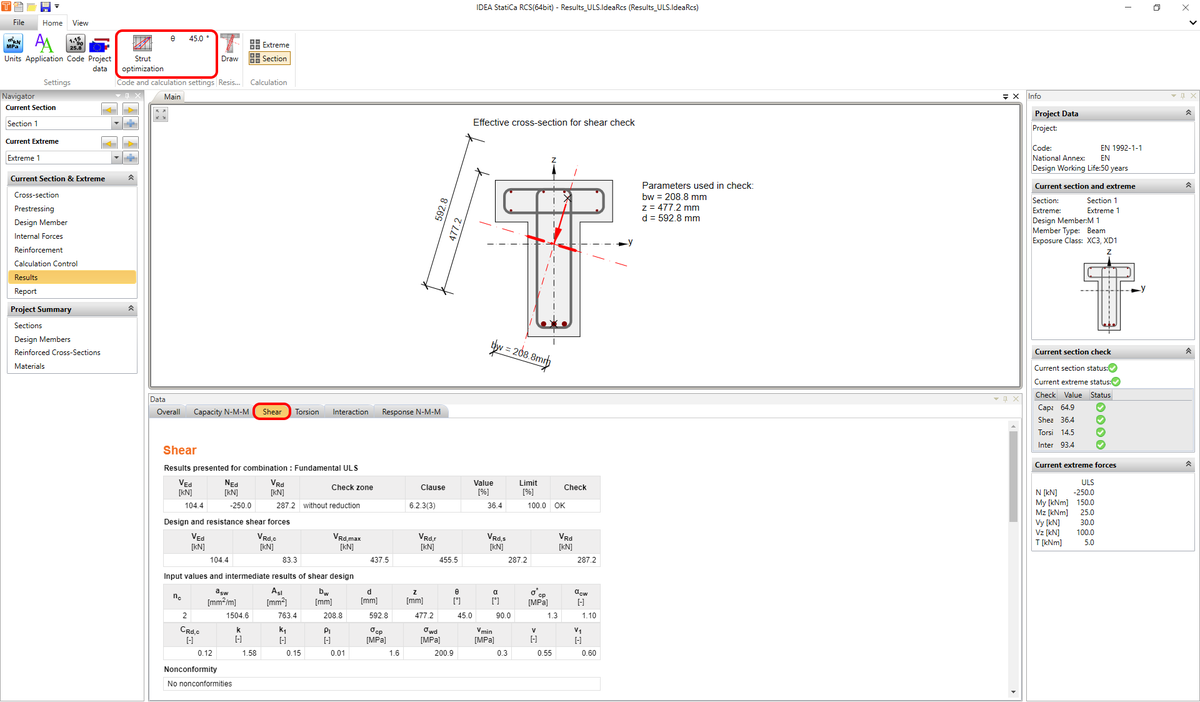ULS results in RCS - Capacity N-M-M, Shear, Torsion, Interaction ...