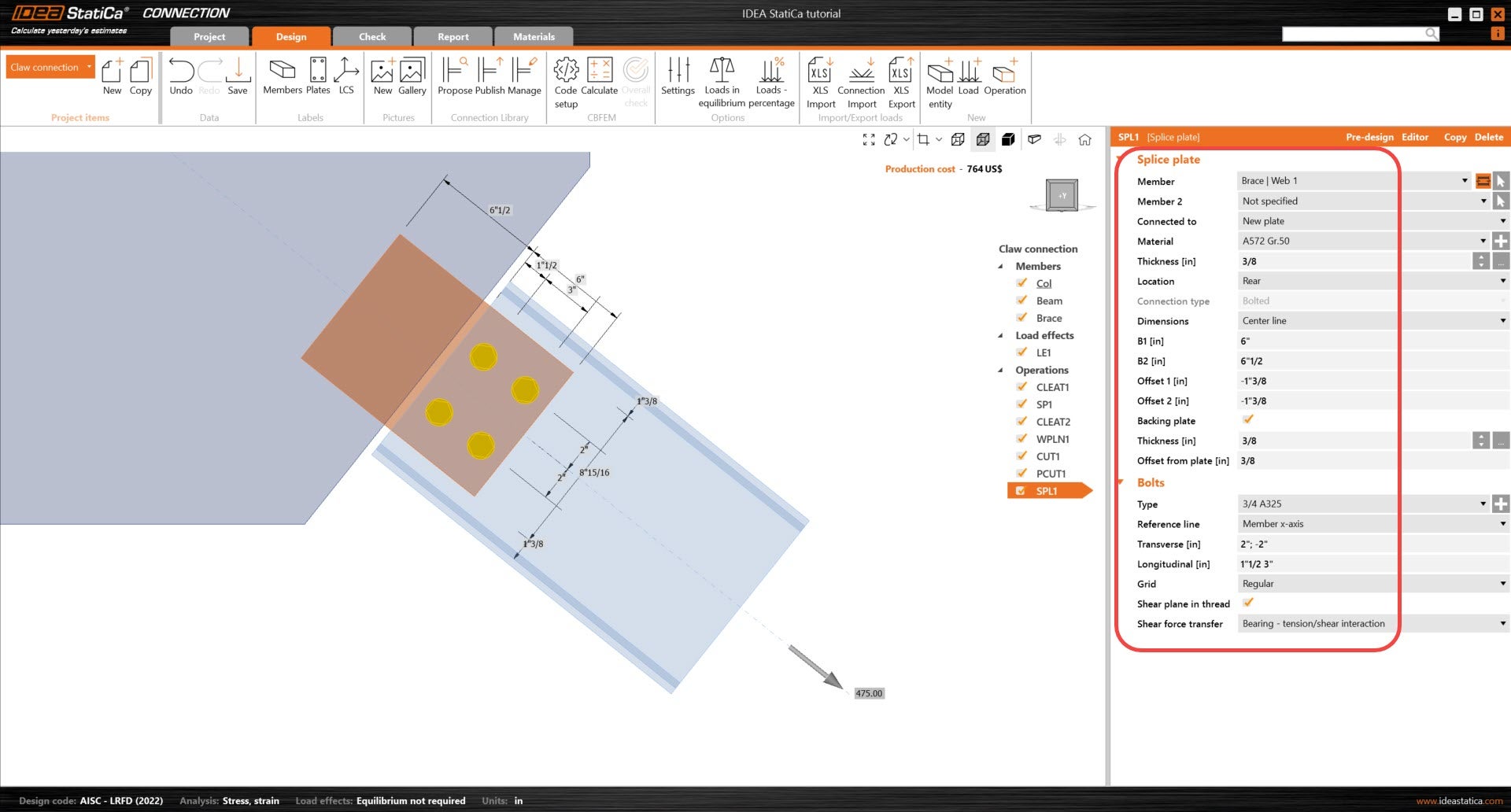 Claw angle on WF bracing connection (AISC) | IDEA StatiCa