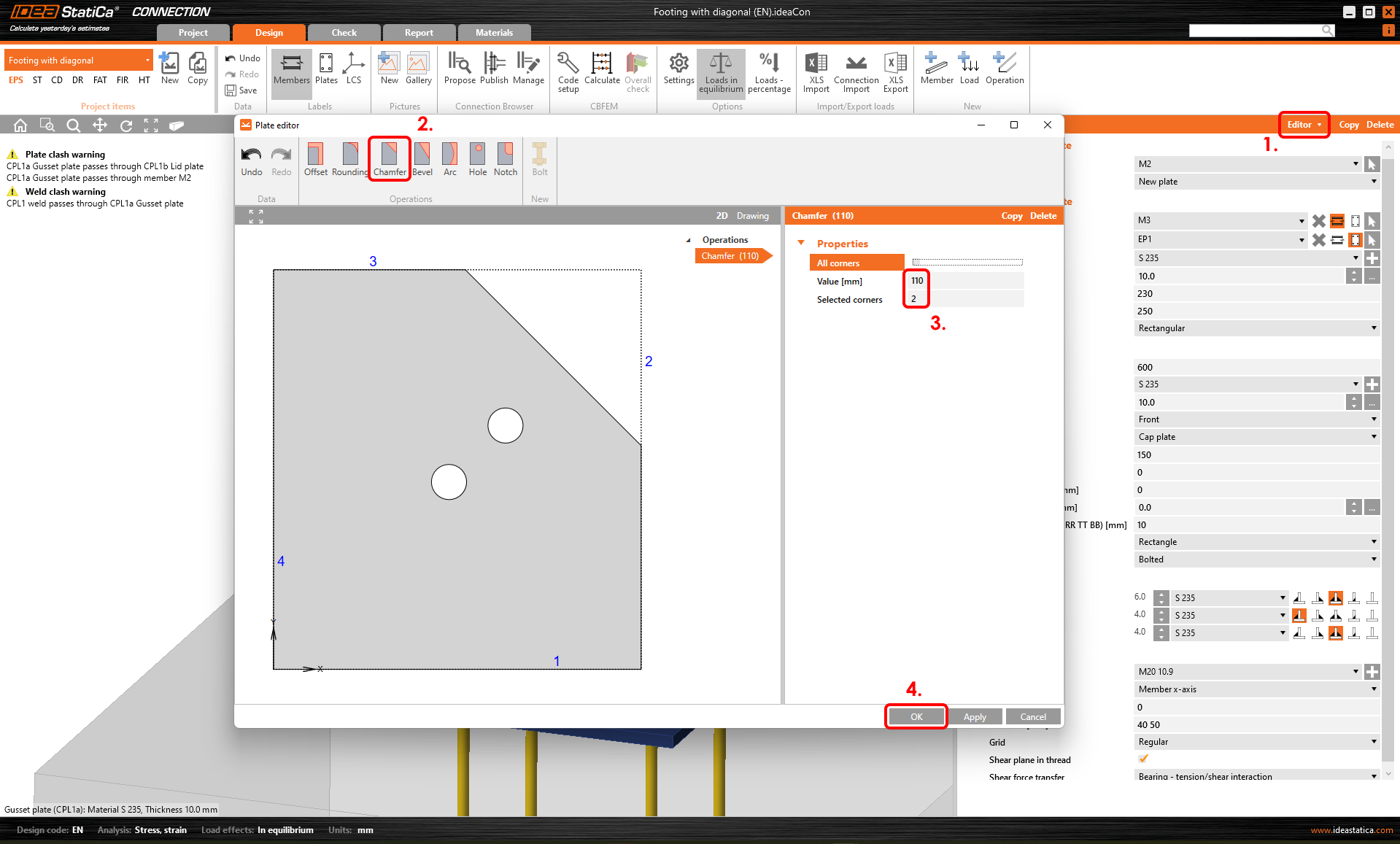 Structural design of footing with diagonal (EN) | IDEA StatiCa