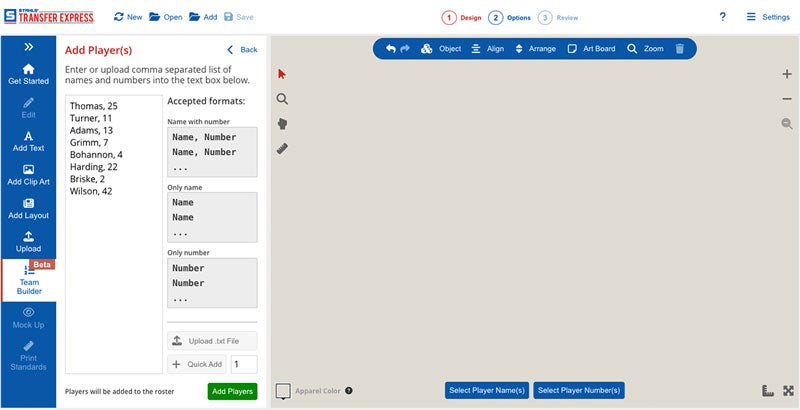 Team Builder in Easy View | Transfer Express