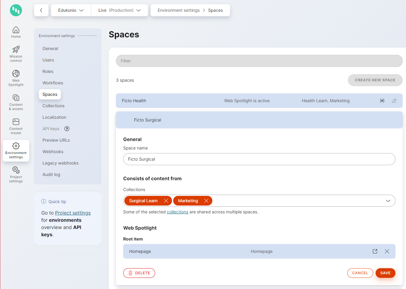 Spaces | Kontent.ai Learn