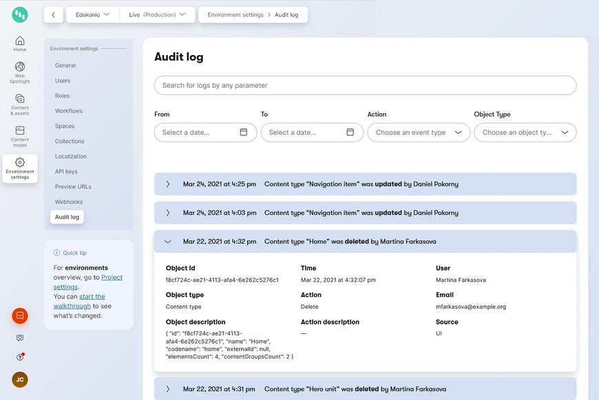 Audit log | Kontent.ai Learn