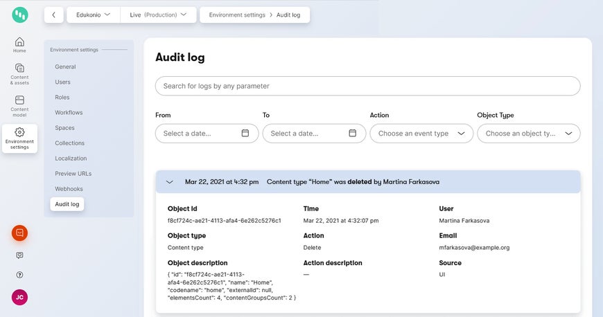 Audit log | Kontent.ai Learn