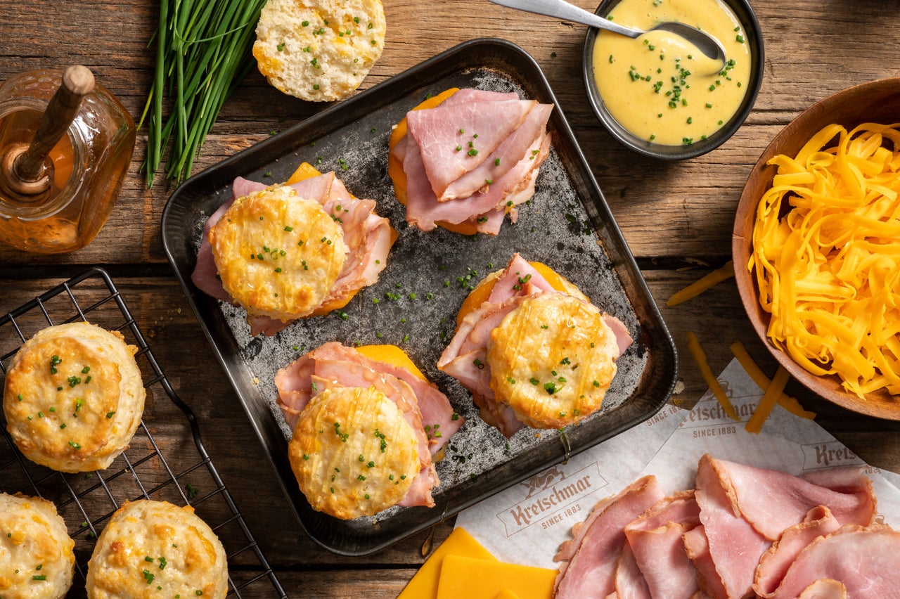 Savory Ham and Cheese Biscuit Sliders with Honey Drizzle | Kretschmar