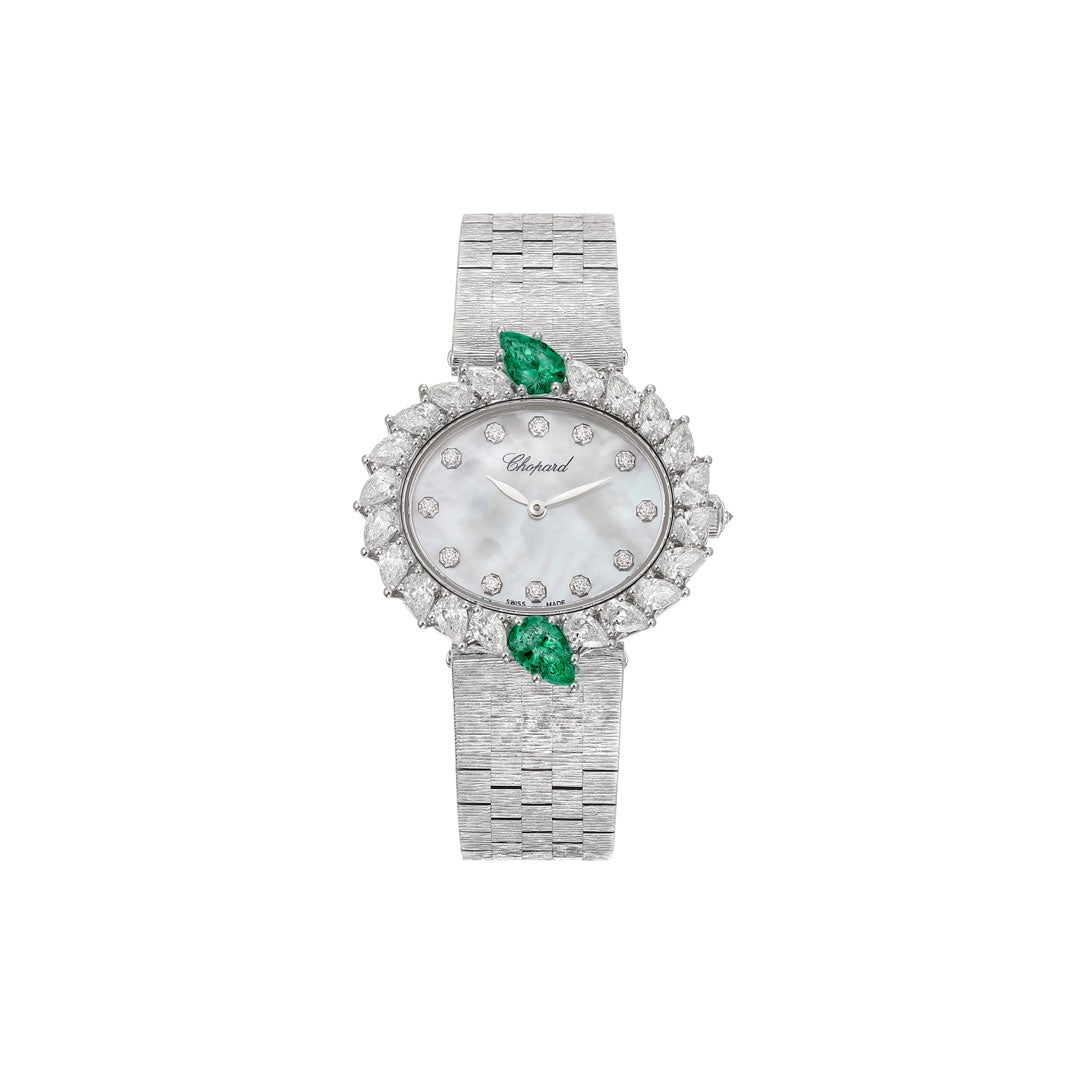 L'Heure du Diamant watch in 18ct ethical white gold set with diamonds (3.56cts) and emeralds (1 ...